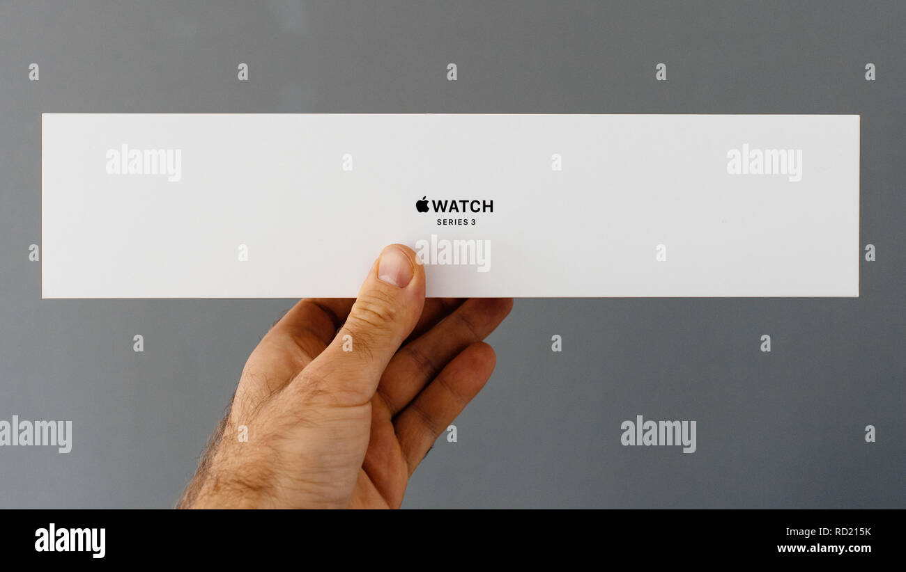 PARIS, FRANCE - APR 15, 2018: Point of view at front side Apple Watch ...