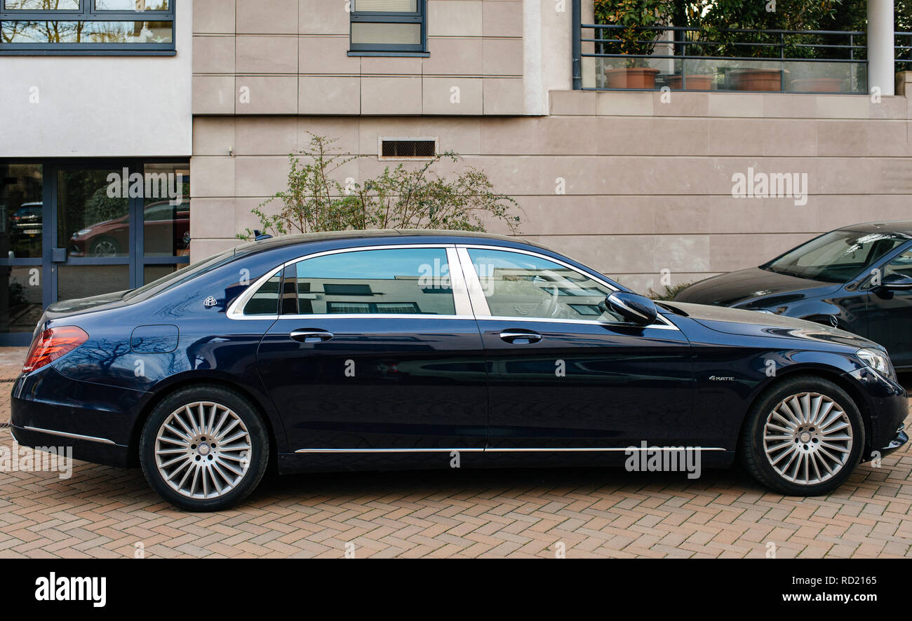 PARIS, FRANCE - APR 8, 2018: Luxury blue Mercedes-Maybach s600 ...