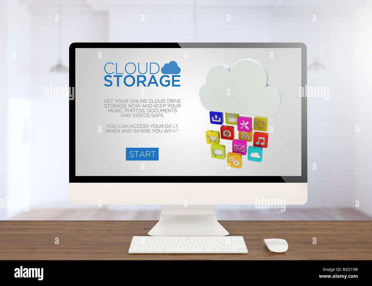 3d rendering cloud storage solution screen computer on desktop Stock ...