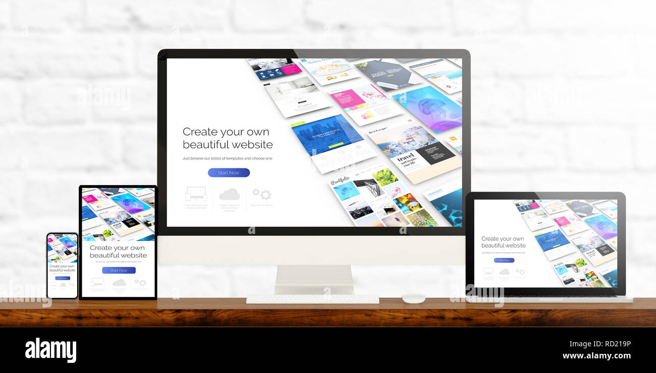 responsive devices showing website builder 3d rendering Stock Photo - Alamy