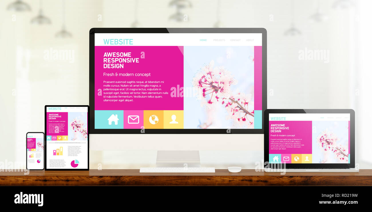 responsive devices showing awesome design website 3d rendering Stock Photo - Alamy