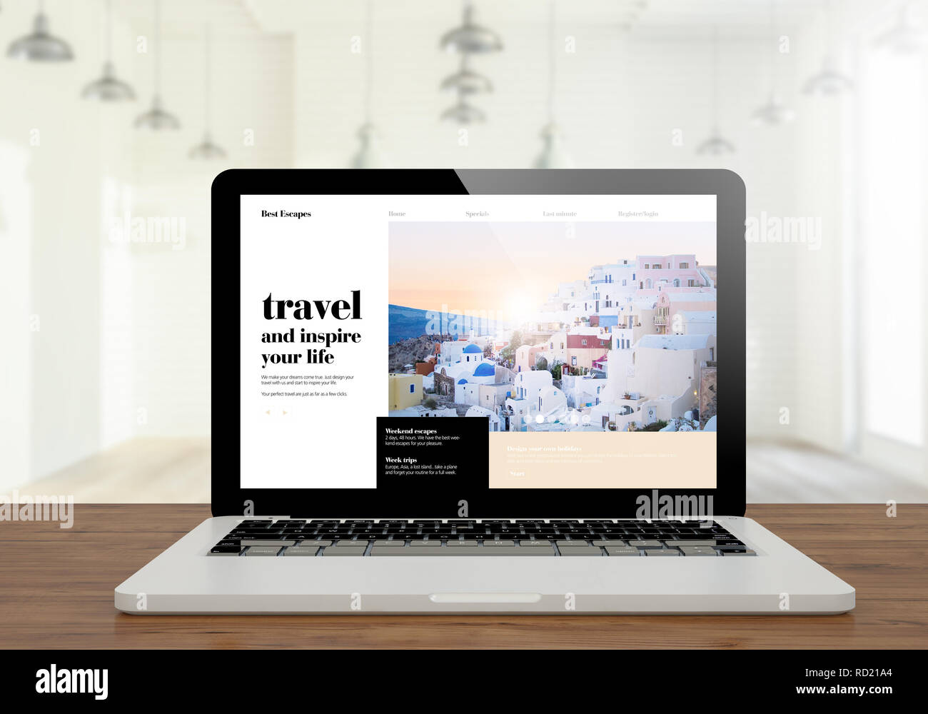 3d rendering of travel blog website laptop on desktop Stock Photo - Alamy