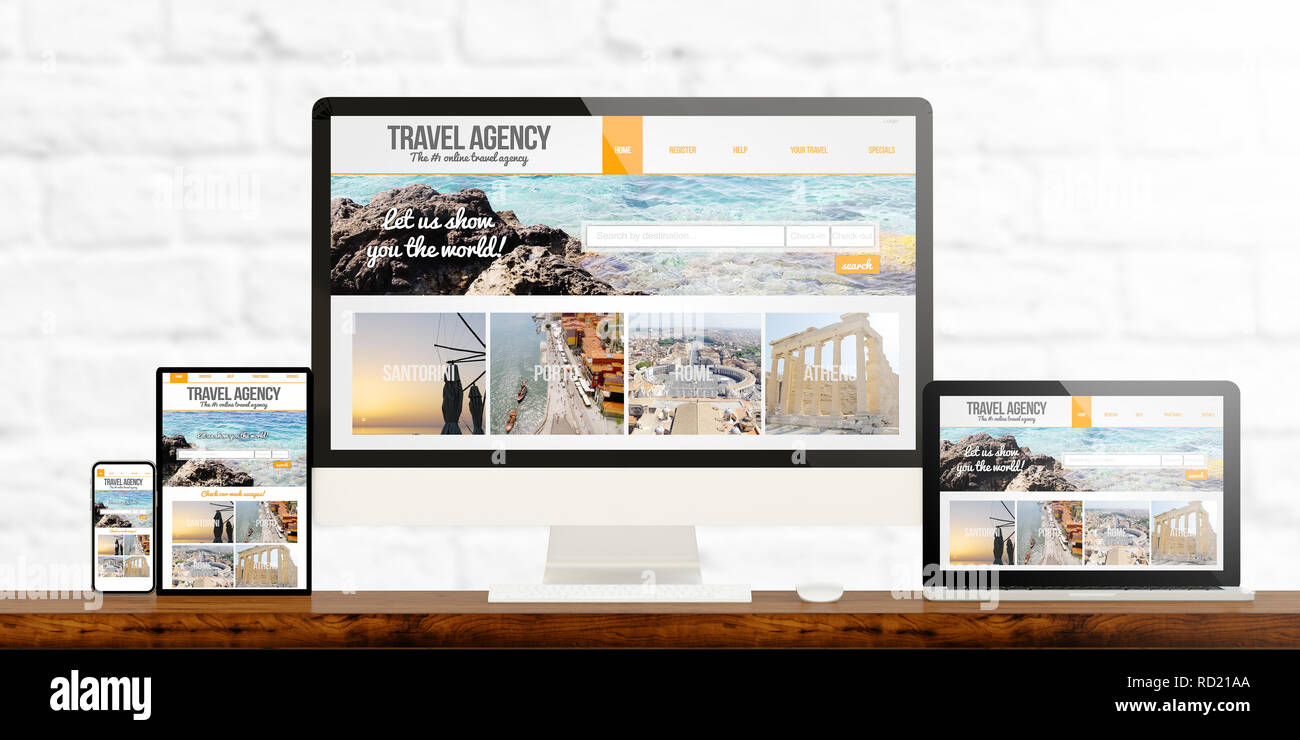 responsive devices showing travel agency website 3d rendering Stock ...