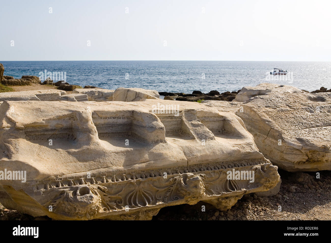The ruins of the ancient city of Side against the backdrop of the sea ...