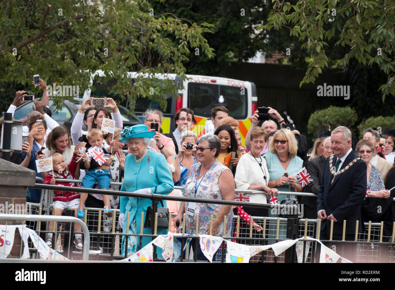 Elizabeth II queen of Britain visiting Chadwell Heath to celebrate 50th ...
