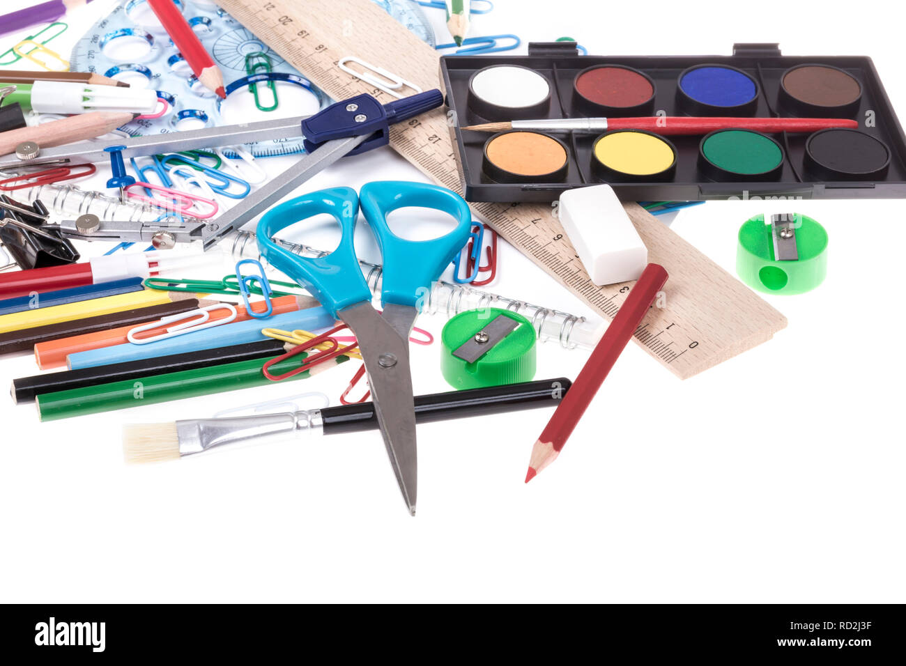 back to school template with multiple stationery and notebook on white ...