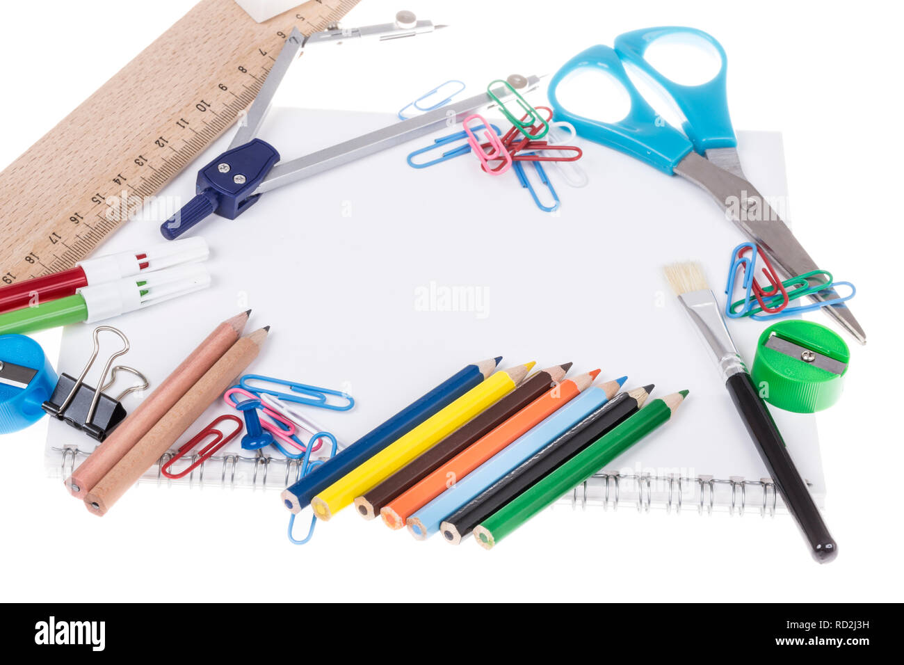 back to school template with multiple stationery and notebook on white ...