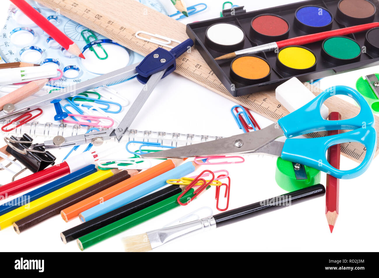 back to school template with multiple stationery and notebook on white ...