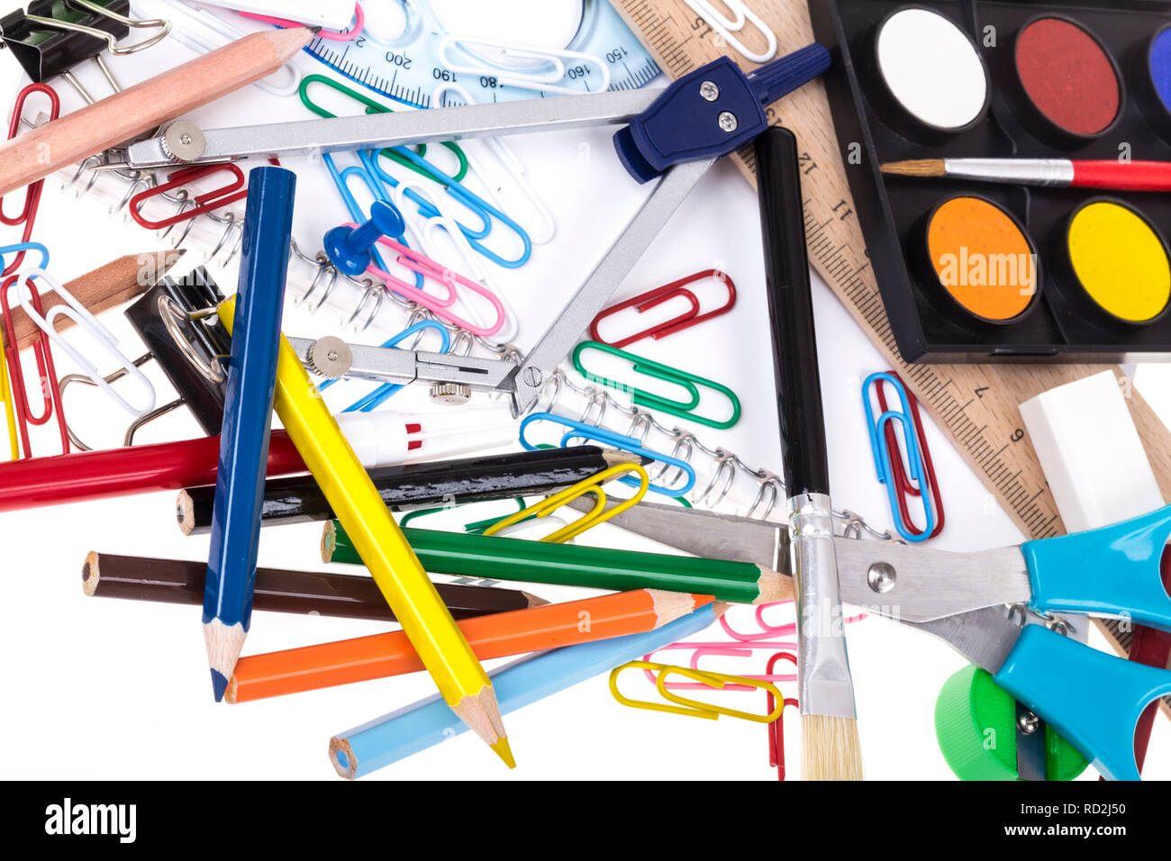 back to school template with multiple stationery and notebook on white ...