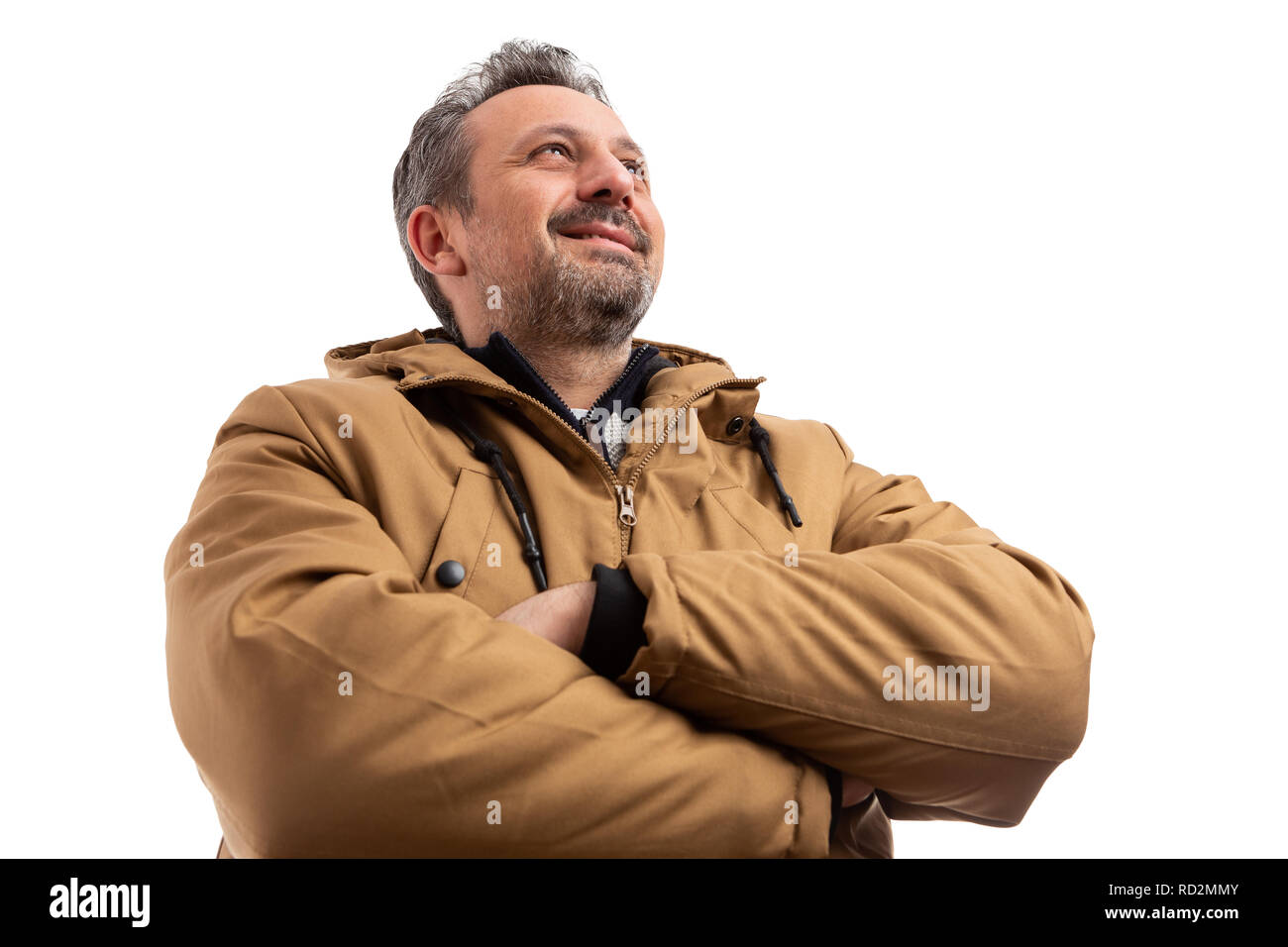 Low angle picture as hero shot concept of man wearing warm winter ...