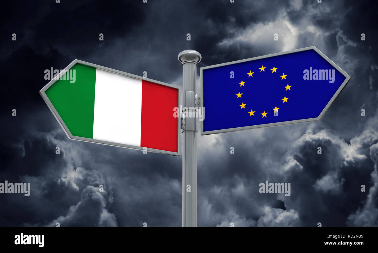 Italy and European Union guidepost. Moving in different directions. 3D ...