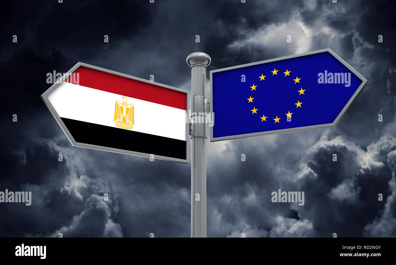 Egypt and European Union guidepost. Moving in different directions. 3D ...
