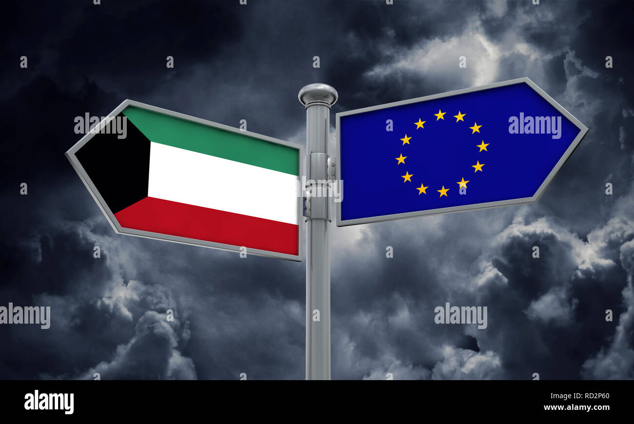 Kuwait and European Union guidepost. Moving in different directions. 3D ...