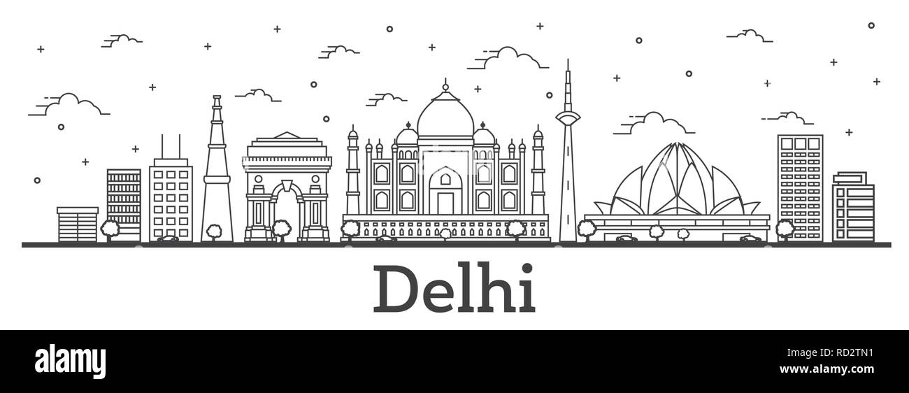 Outline Delhi India City Skyline with Historic Buildings Isolated on ...