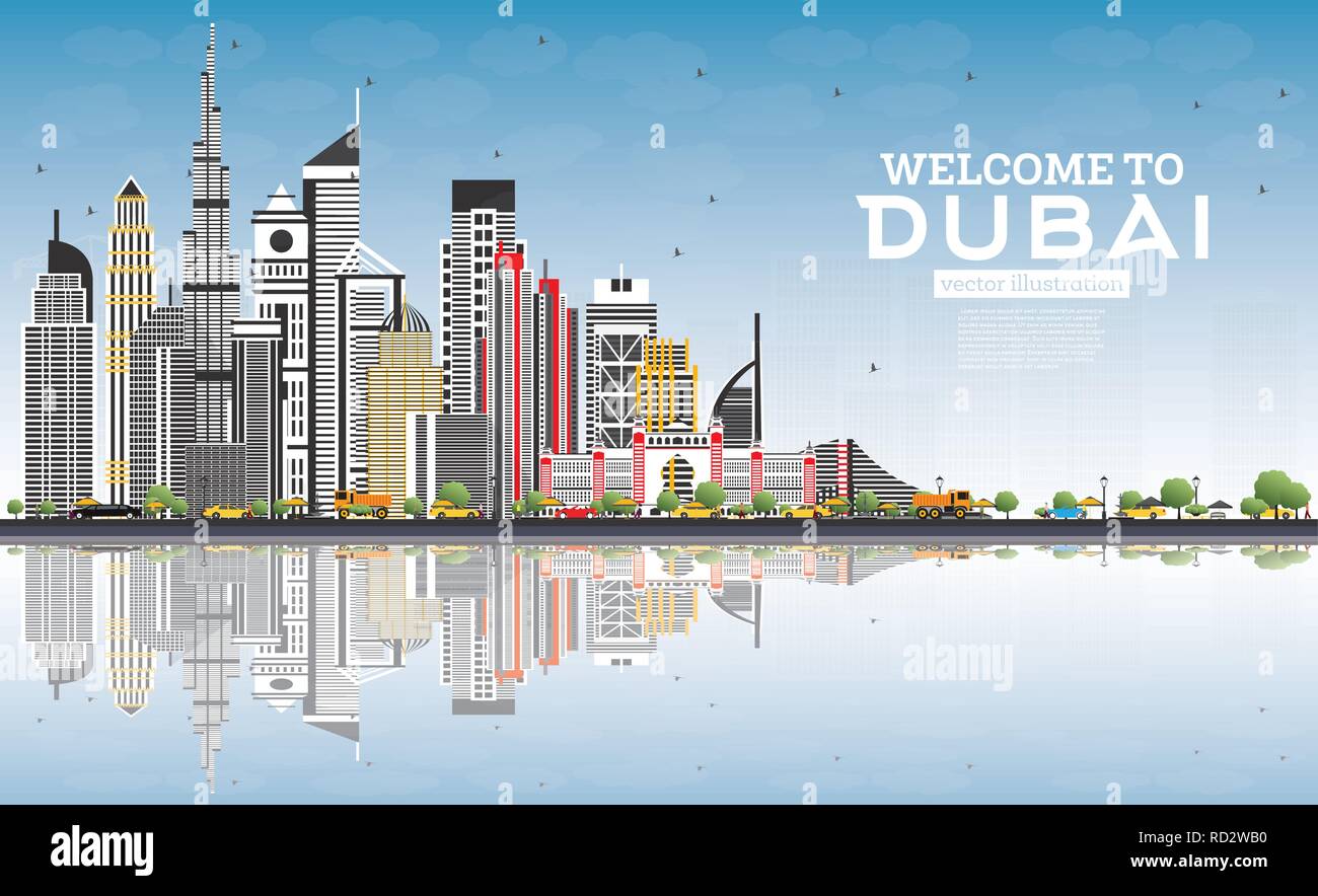 Welcome to Dubai UAE Skyline with Gray Buildings, Blue Sky and ...