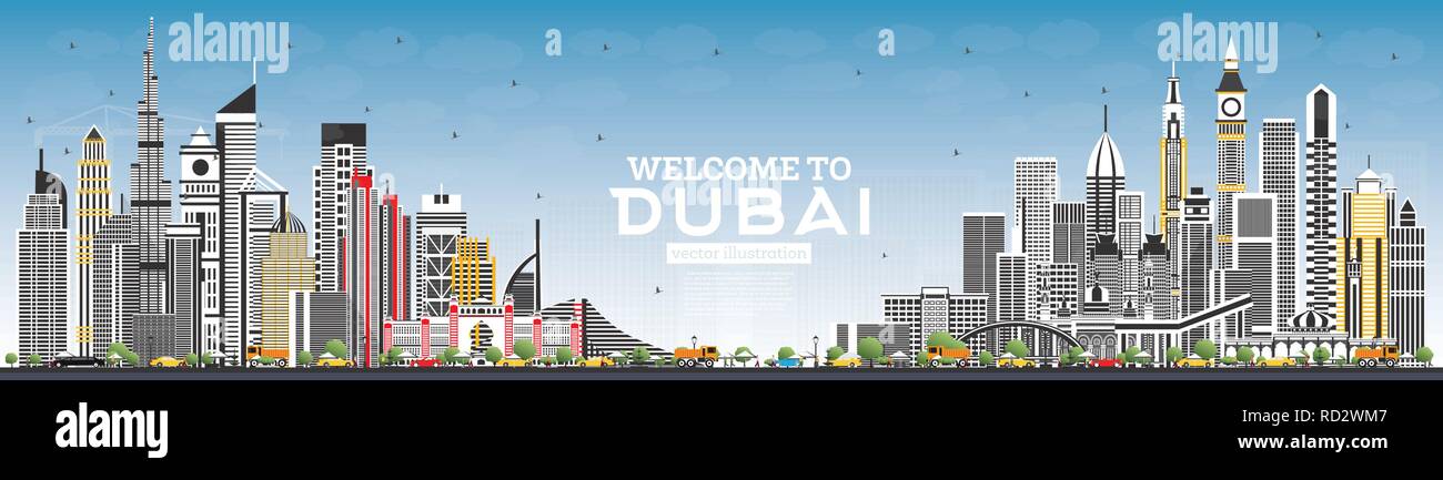 Welcome to Dubai UAE Skyline with Gray Buildings and Blue Sky. Vector ...