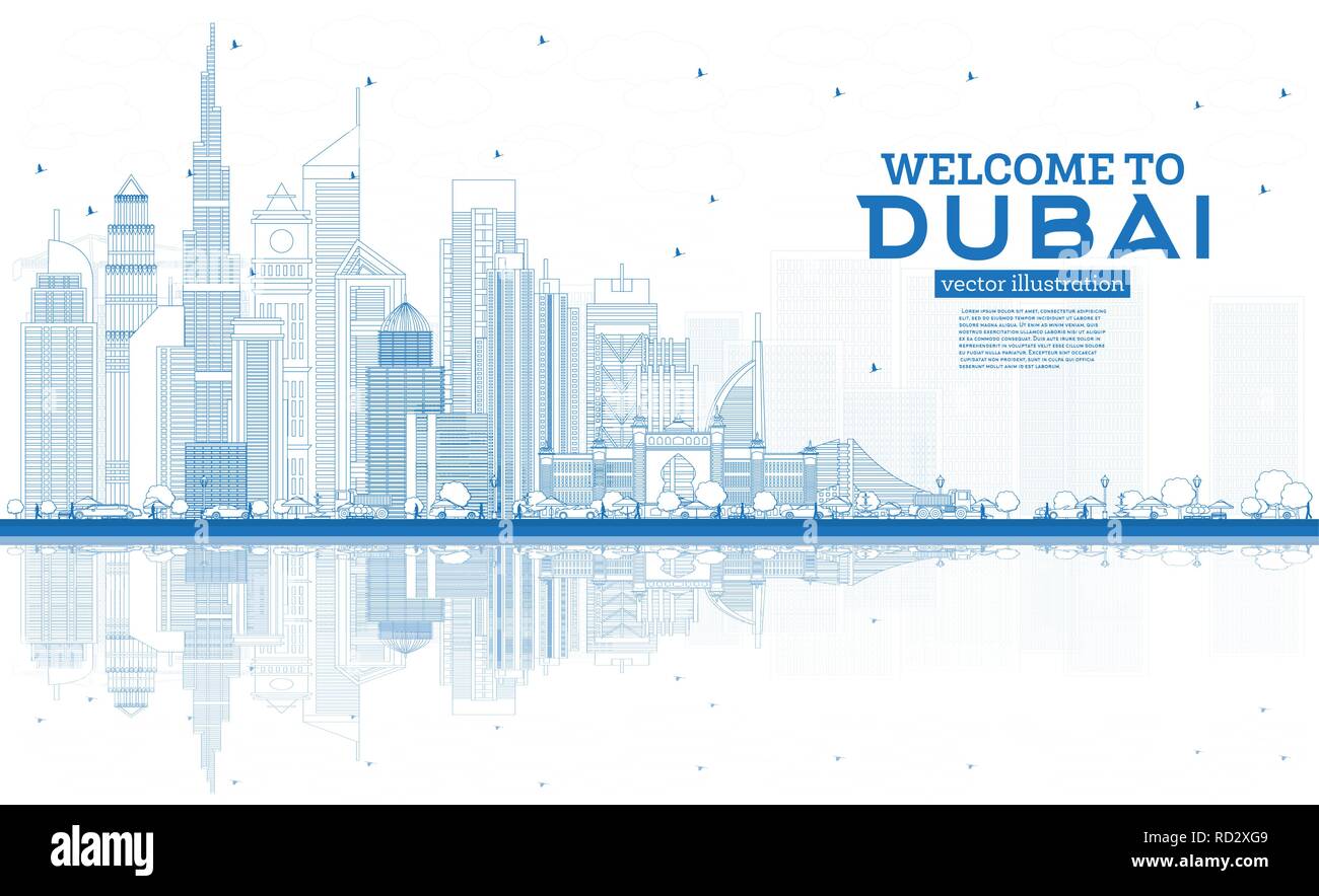 Outline Welcome to Dubai UAE Skyline with Blue Buildings and ...