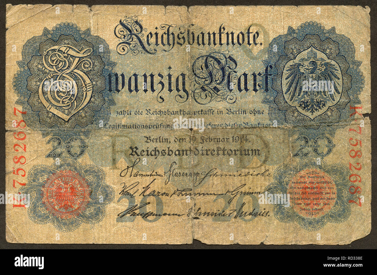 The scanned image of DM money. Twenty DM are made in 1914 Stock Photo ...