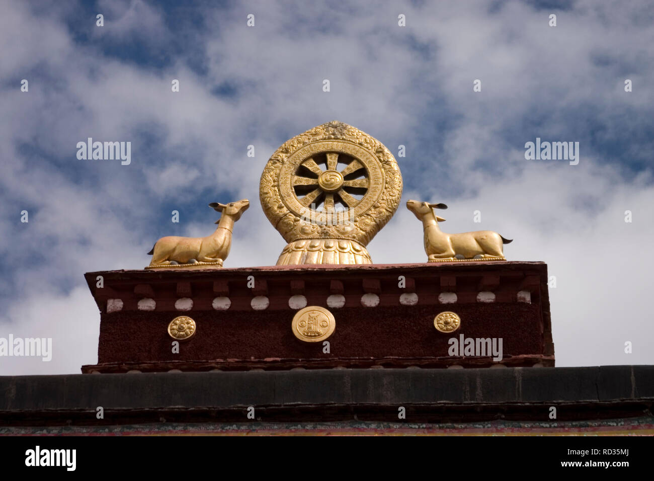 Golden deer icons on the roof of the jokhang temple Lhasa Tibet Stock ...