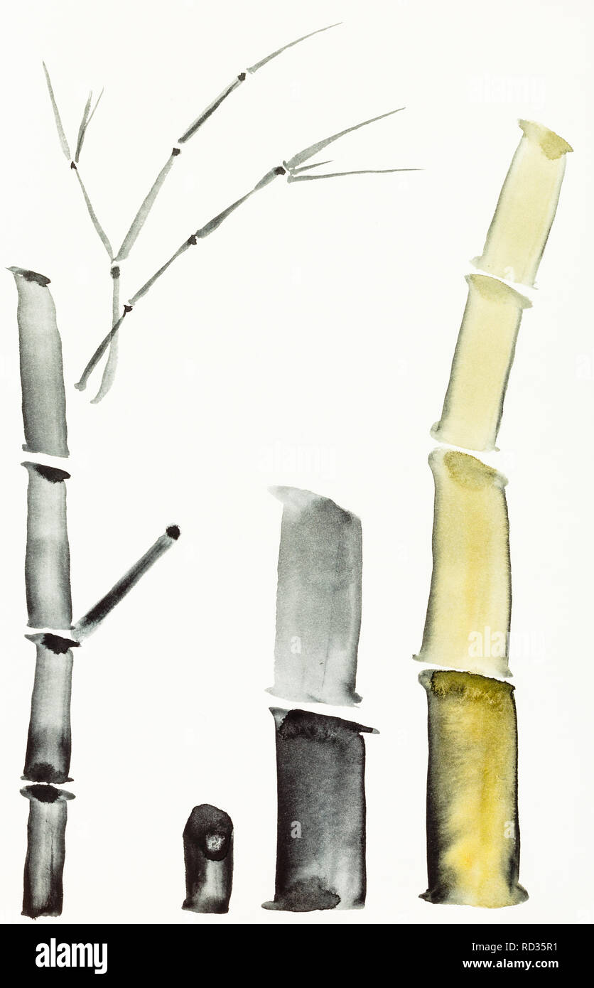 training drawing in sumi-e (suibokuga) style with watercolor paints ...