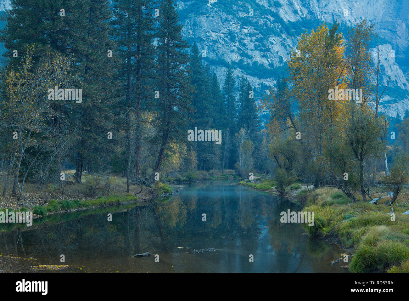 The Merced River flows through Yosemite Valley in the fall. California ...
