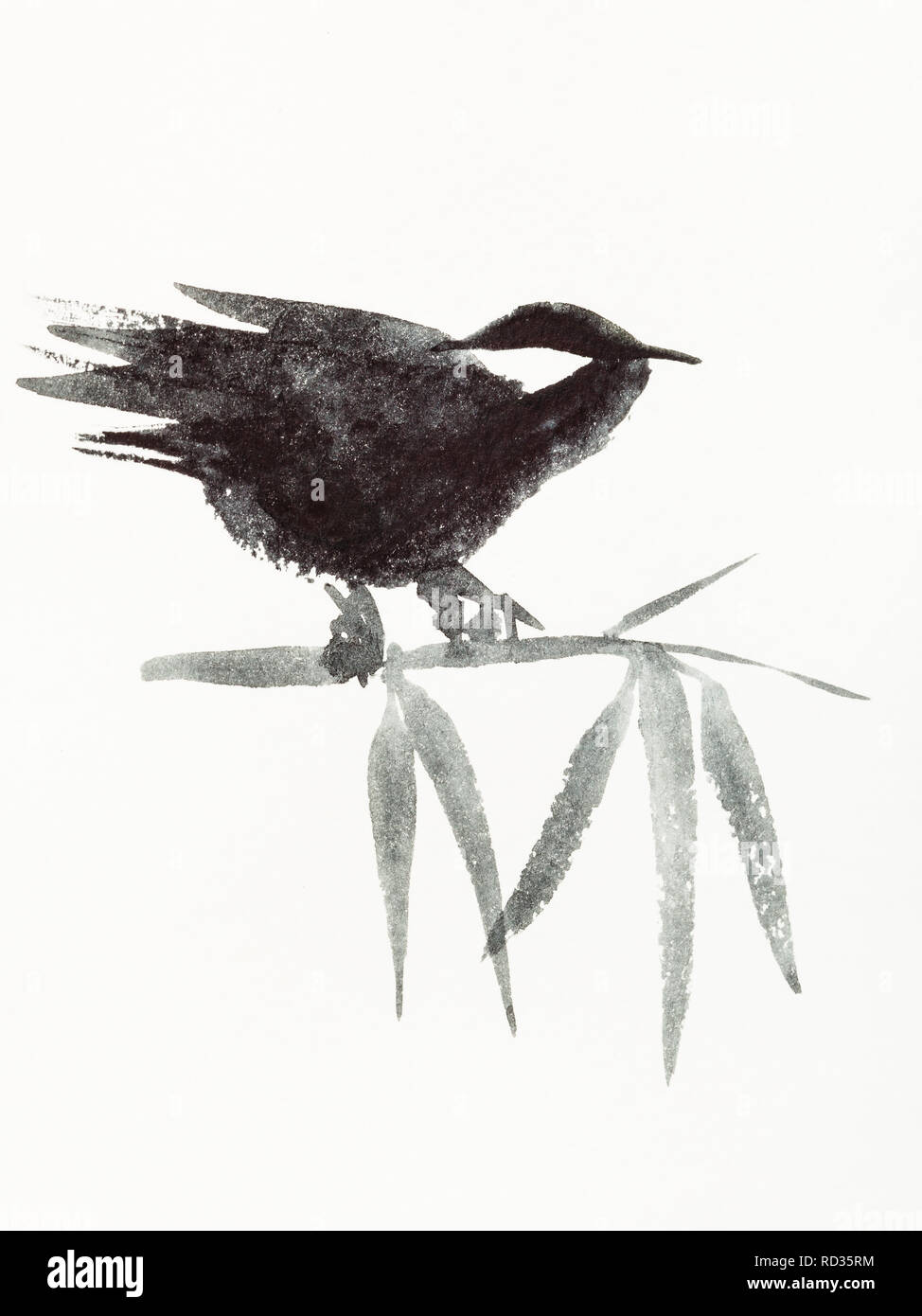 training drawing in sumi-e (suibokuga) style with watercolor paints ...