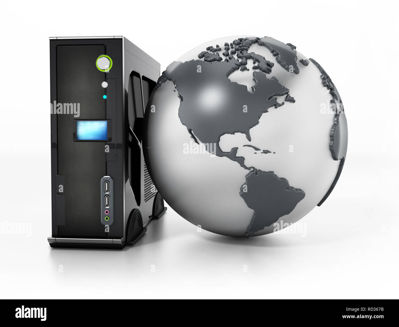 Modern PC case and globe isolated on white background. 3D illustration ...