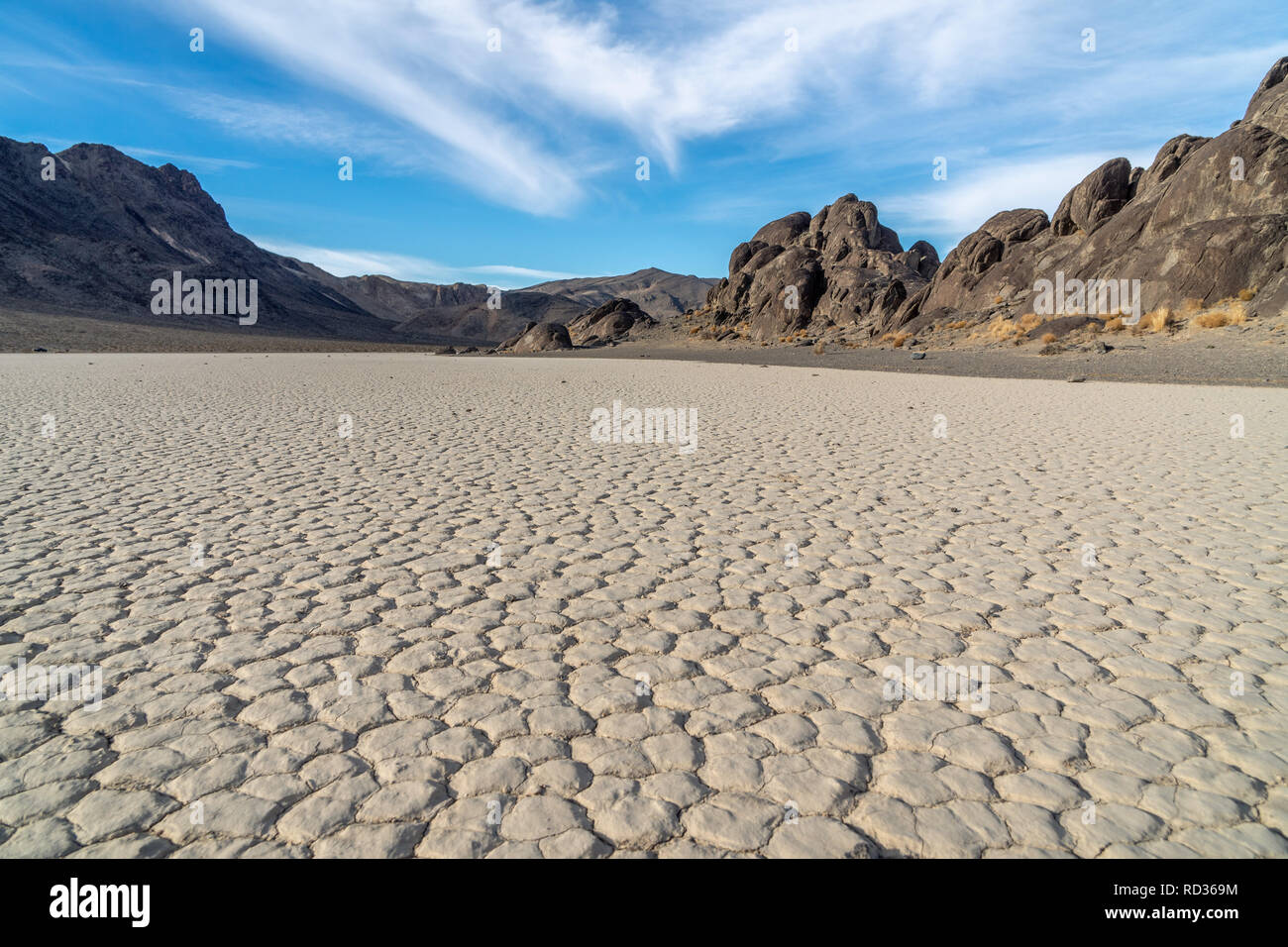 Dry lake bed formed polygon patterns, usually 6 sided, Racetrack Playa ...