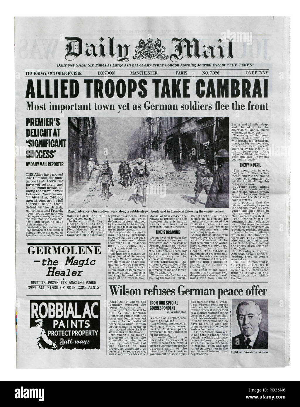 The reproduction front page of the Daily Mail October 10 1918 from with ...