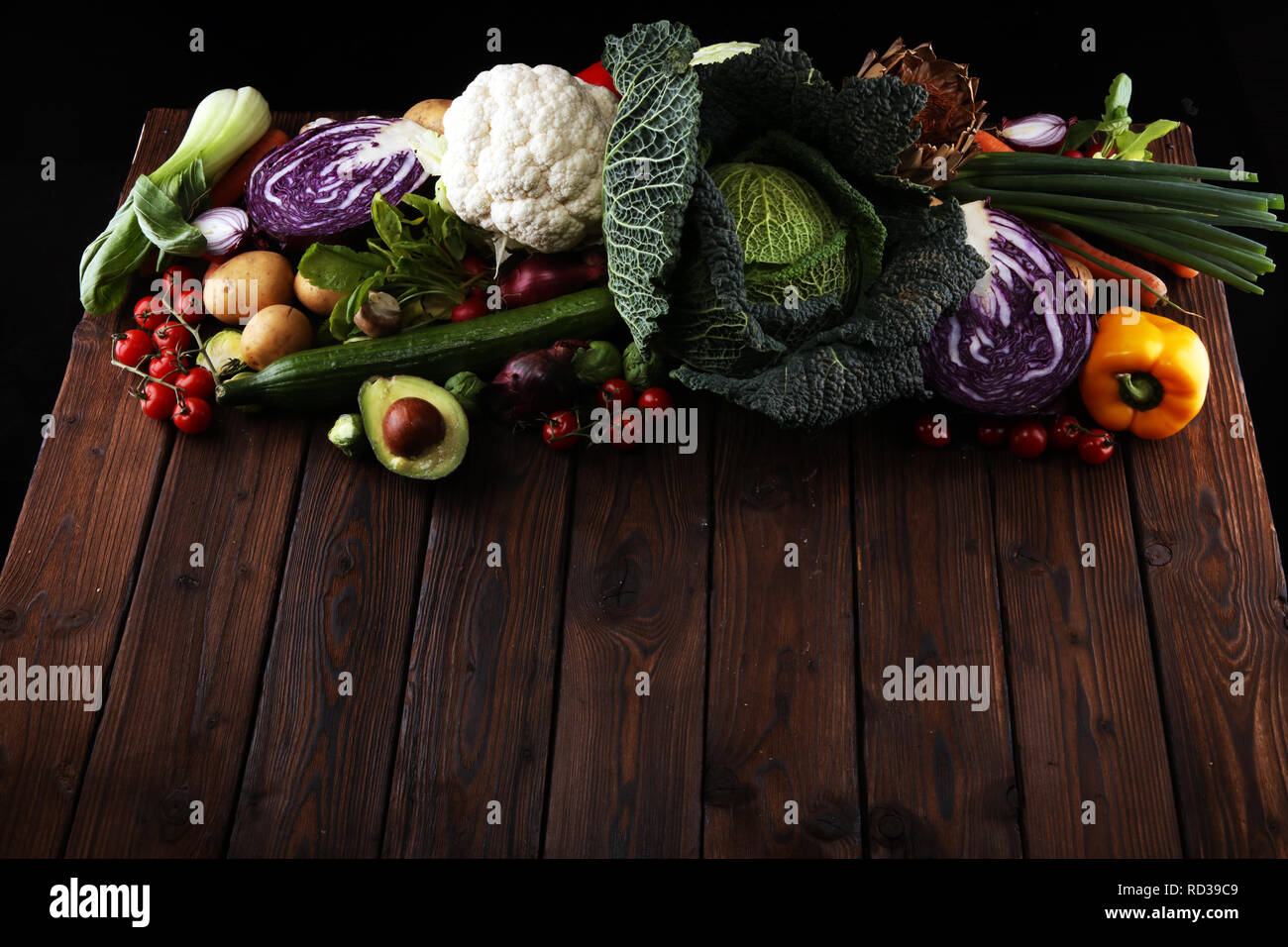 Composition with variety of raw organic vegetables and fruits. Balanced ...