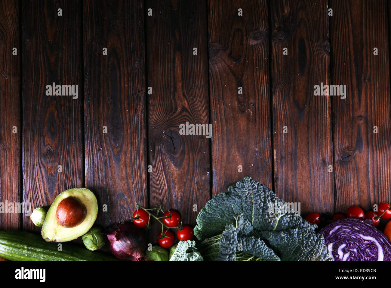 Composition with variety of raw organic vegetables and fruits. Balanced ...
