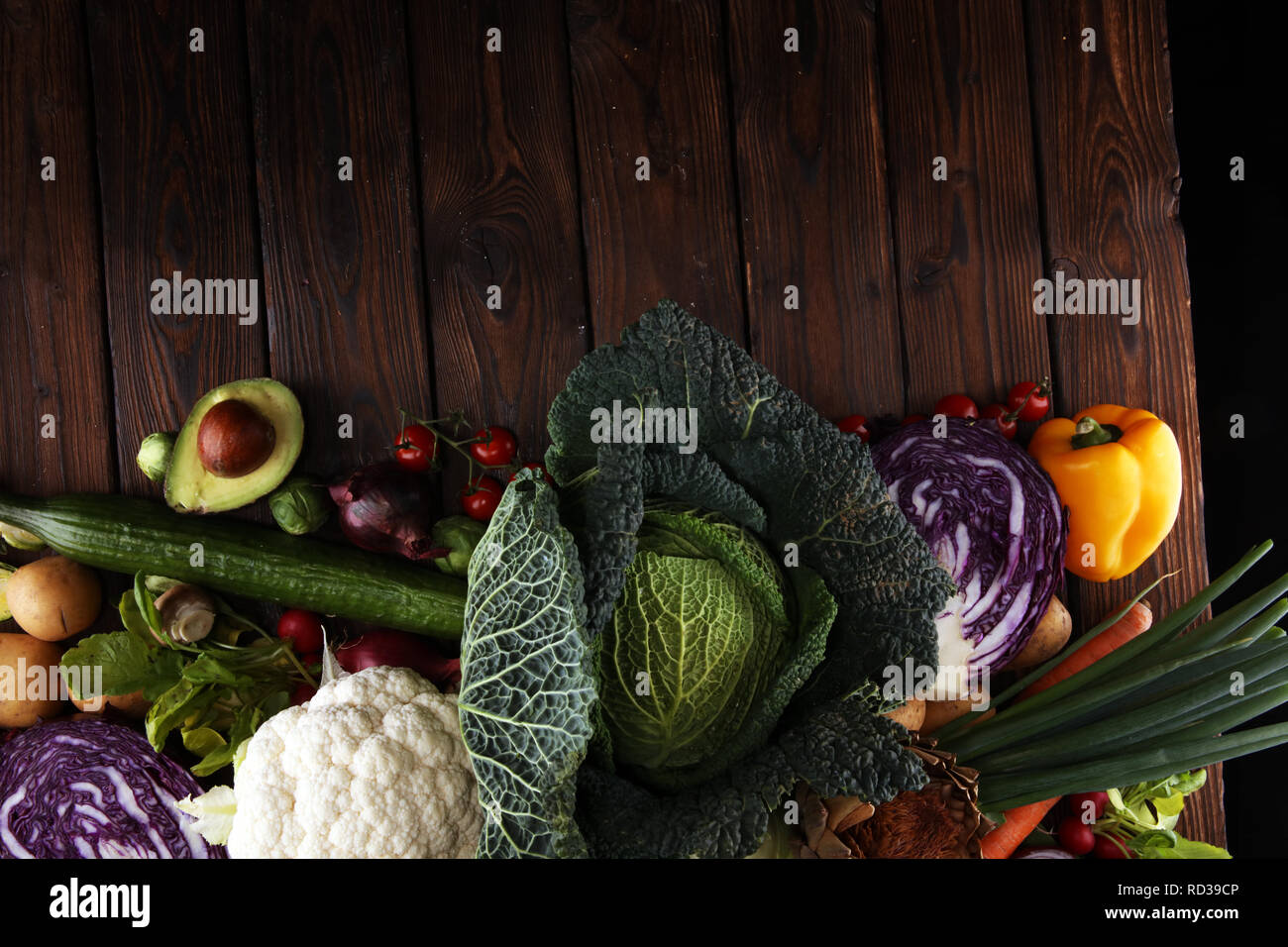 Composition with variety of raw organic vegetables and fruits. Balanced ...