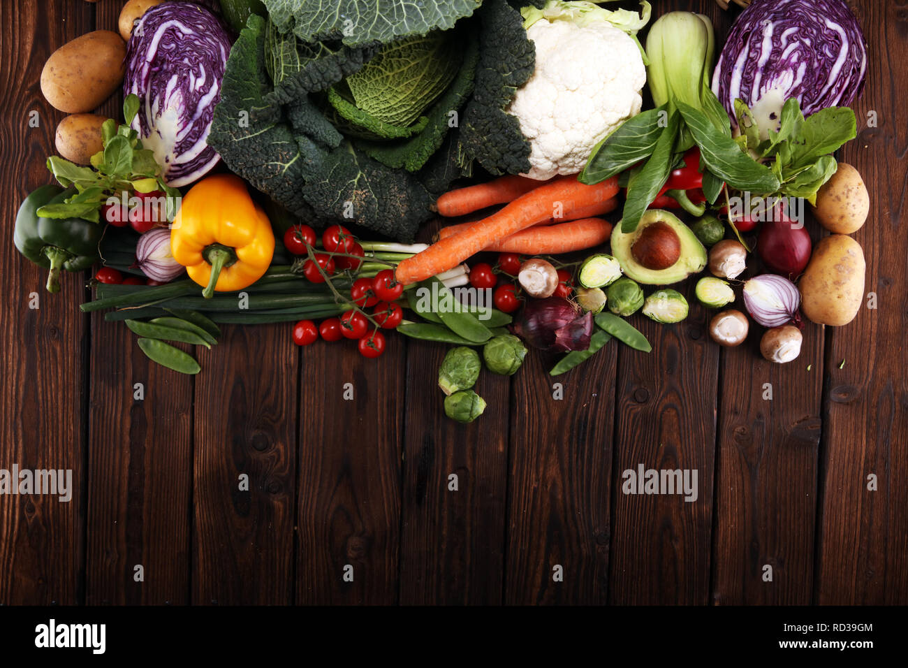Composition with variety of raw organic vegetables and fruits. Balanced ...