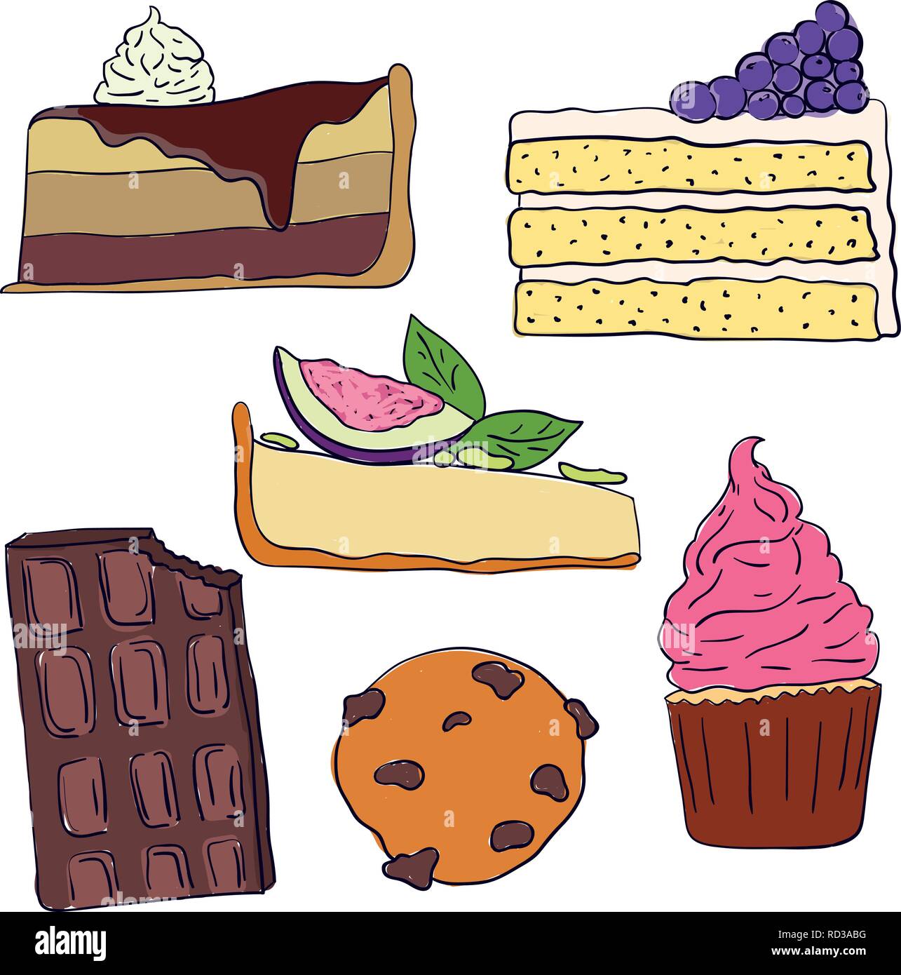 Hand drawn sweet cakes slices set vector illustration. Doodle ...
