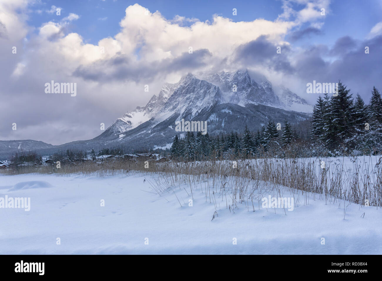 The Zugspitze Massif from the valley of Ehrwald, top of the mountain ...