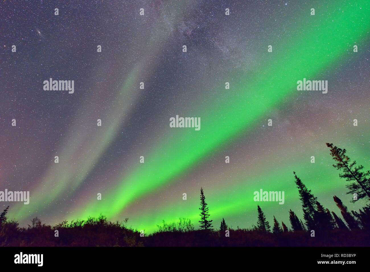 Aurora borealis and Milky Way near Ennadai Lake, Arctic Haven Lodge ...