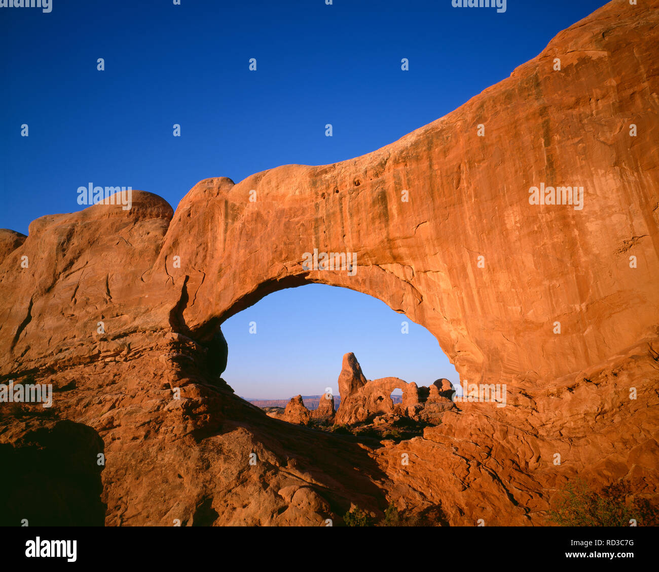 USA, Utah, Arches National Park, Distant Turret Arch as seen through ...