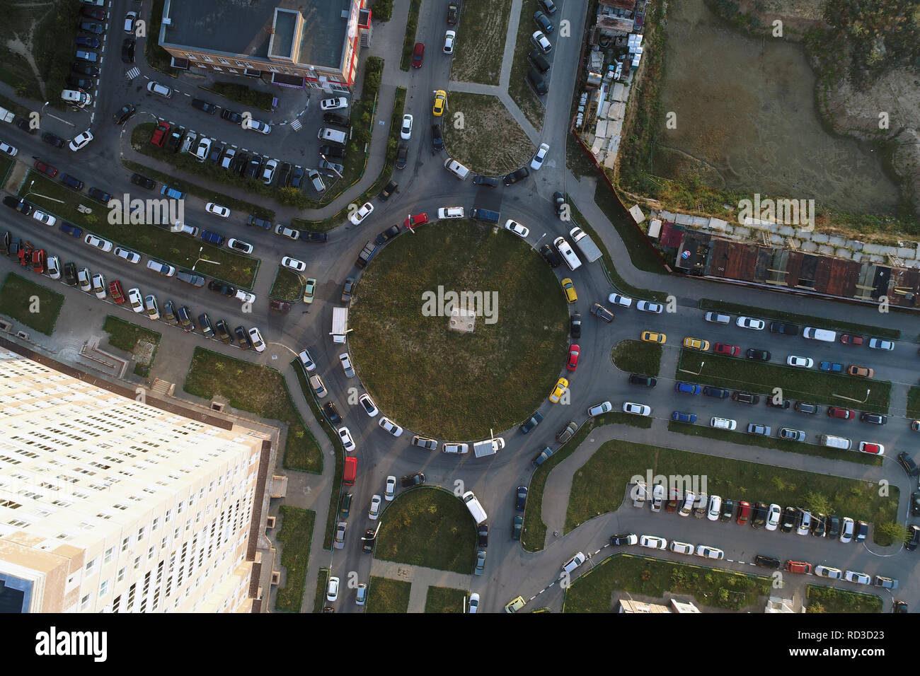 Aerial view of road junction from birds sight. Kuznechiki district ...