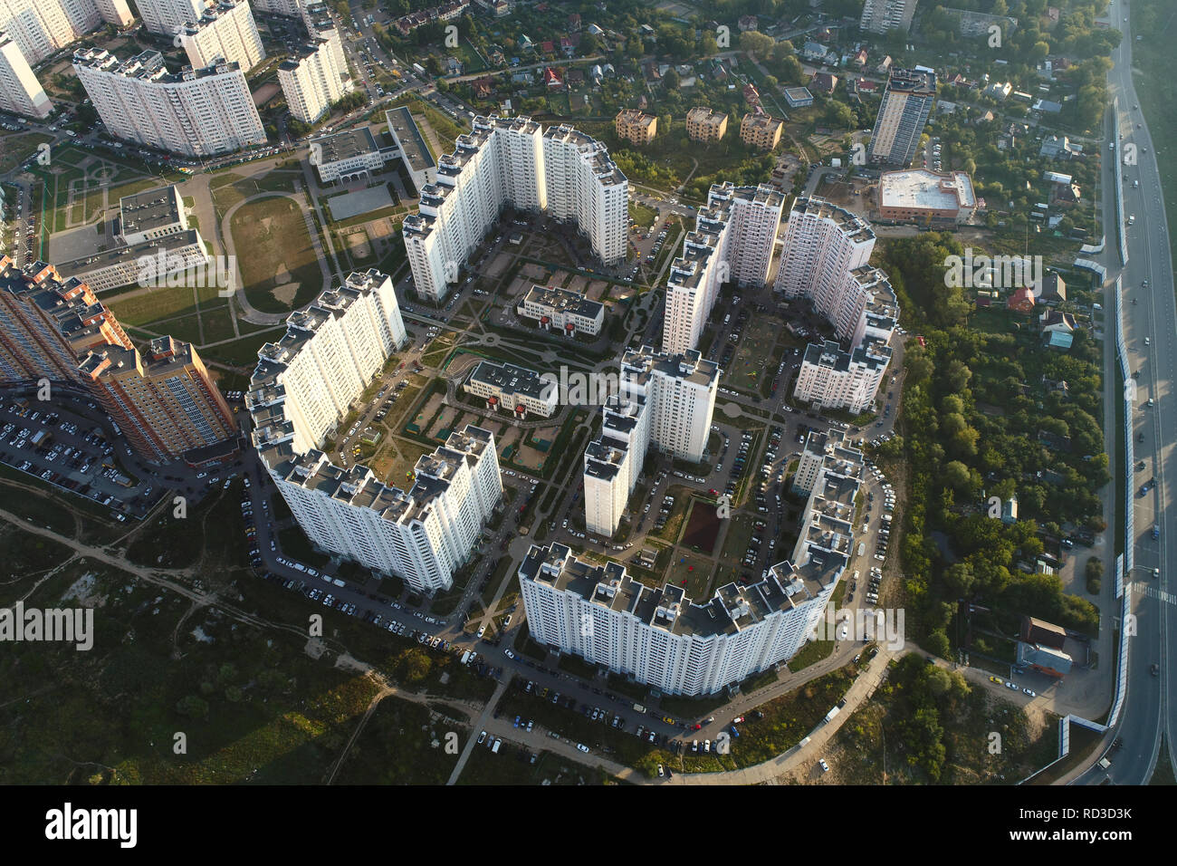 Aerial view of urban real estate complex from birds sight. Kuznechiki ...