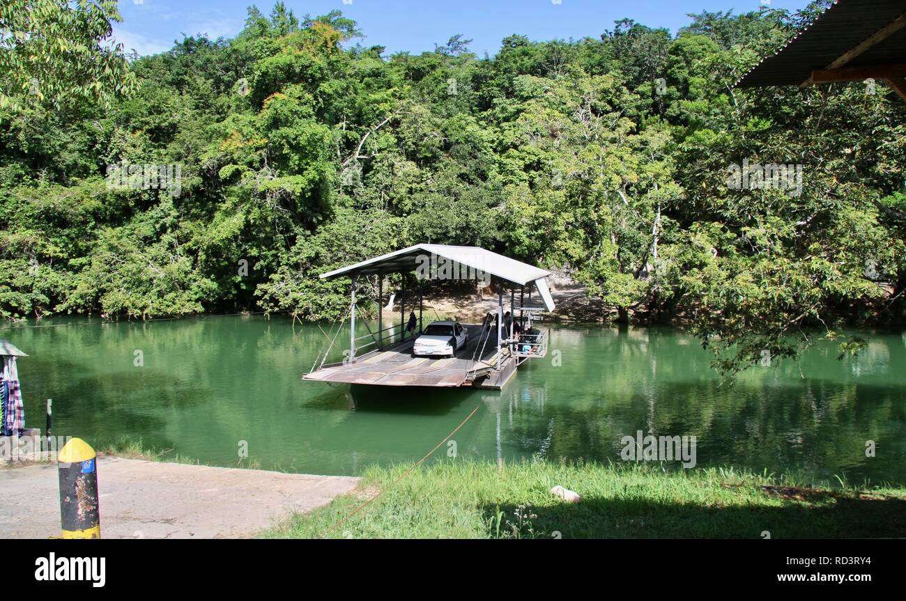 The Cayo ferry crossing the river in the jungle in Belize Stock Photo ...