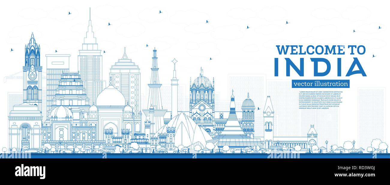 Outline Welcome to India City Skyline with Blue Buildings. Delhi. Mumbai, Bangalore, Chennai ...