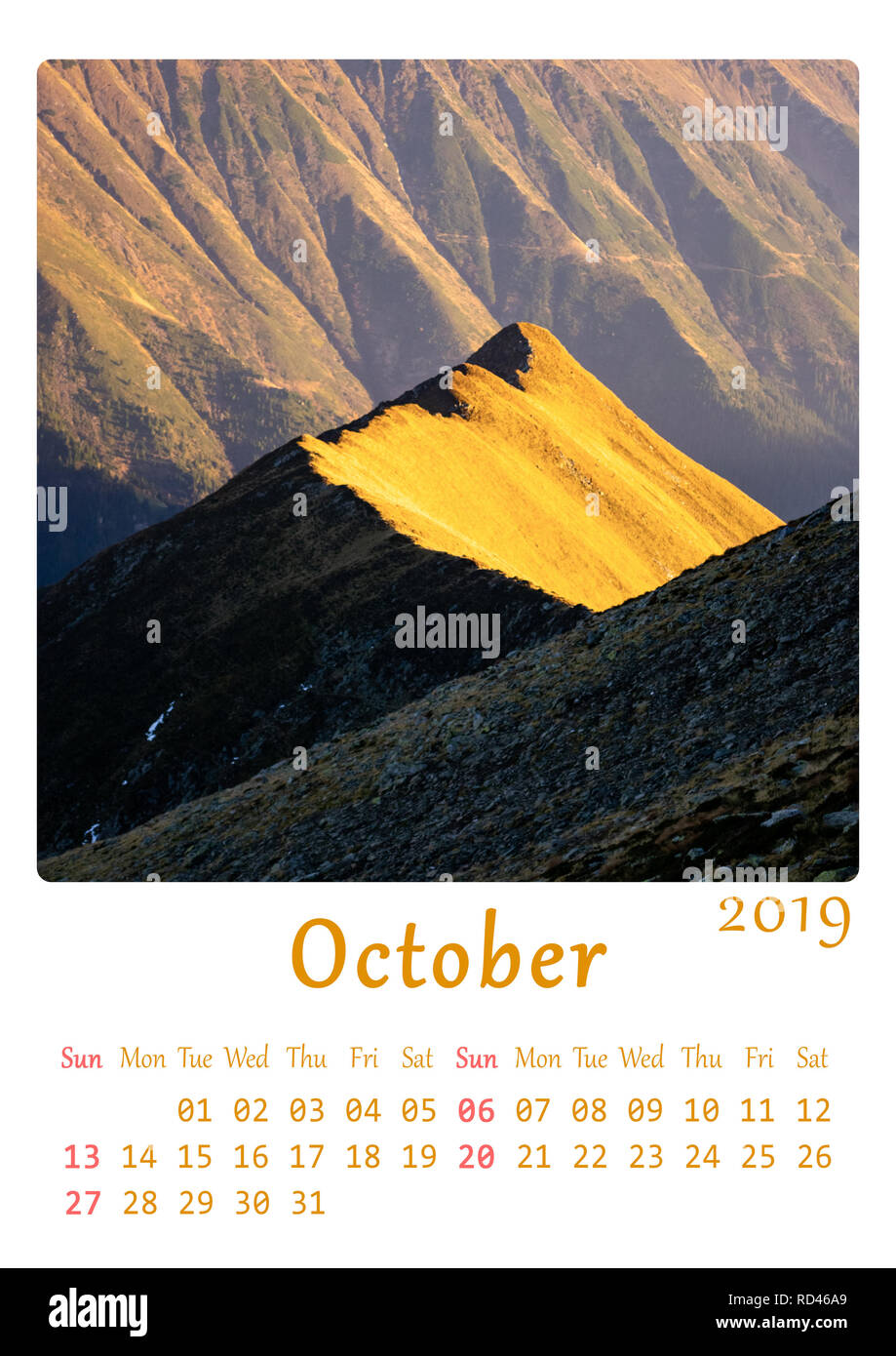 A4 printable 2019 calendar - month of October. Nature, minimalist ...