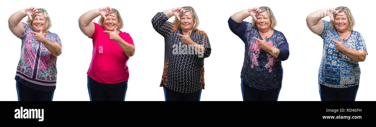 Collage of senior fat woman over isolated background smiling making ...