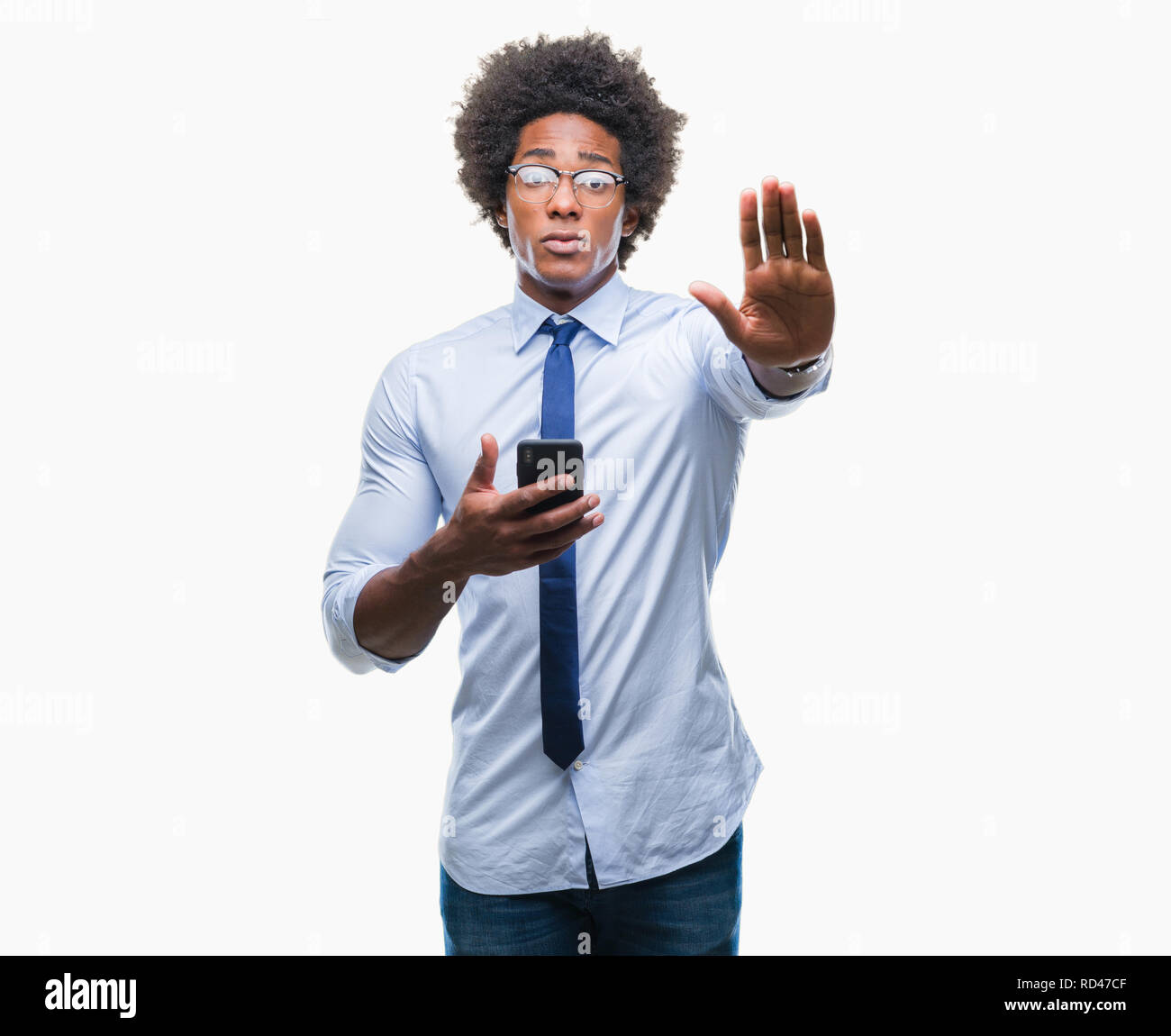 Afro american business man texting using smartphone over isolated ...