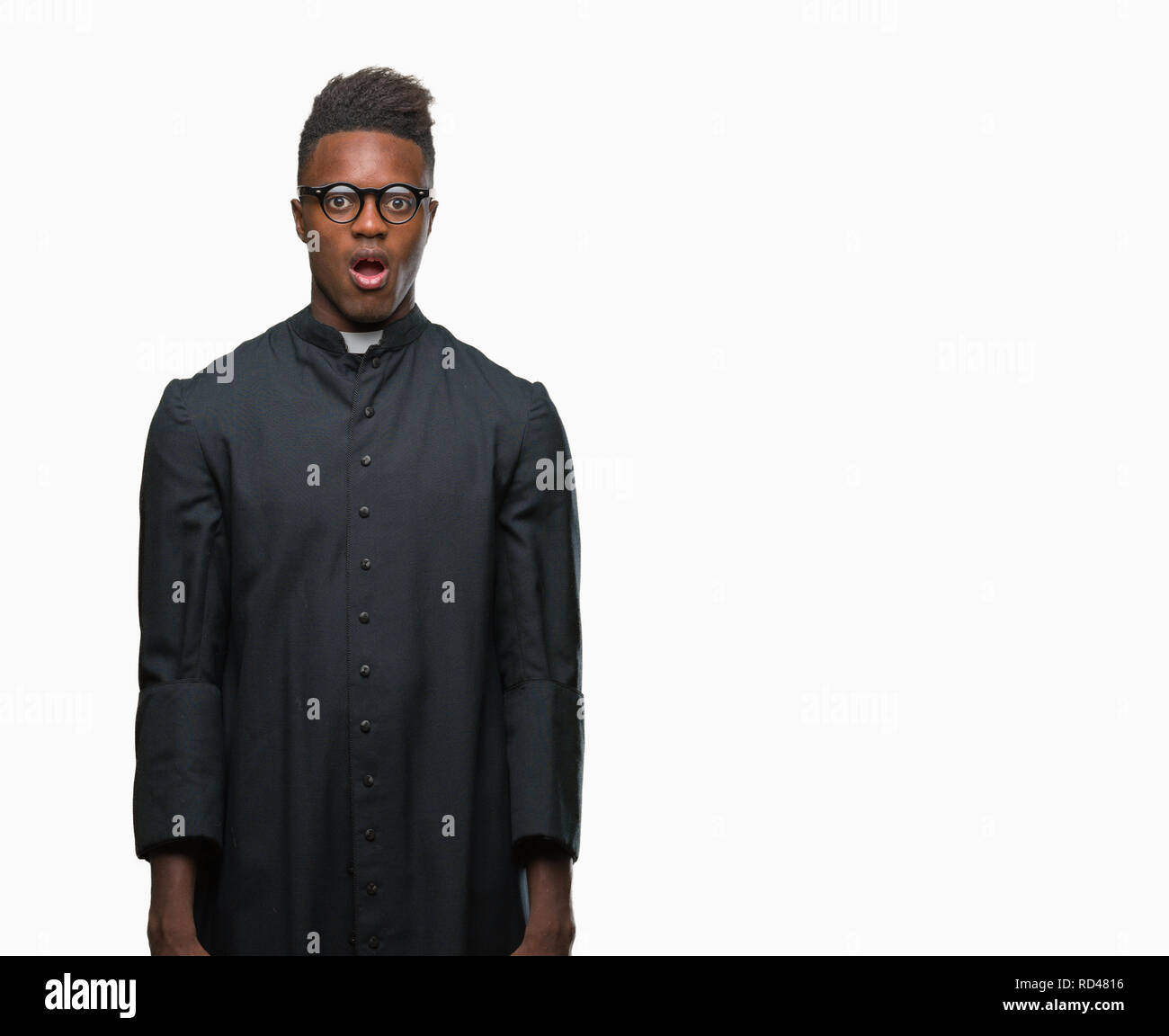 Young african american priest man over isolated background afraid and ...