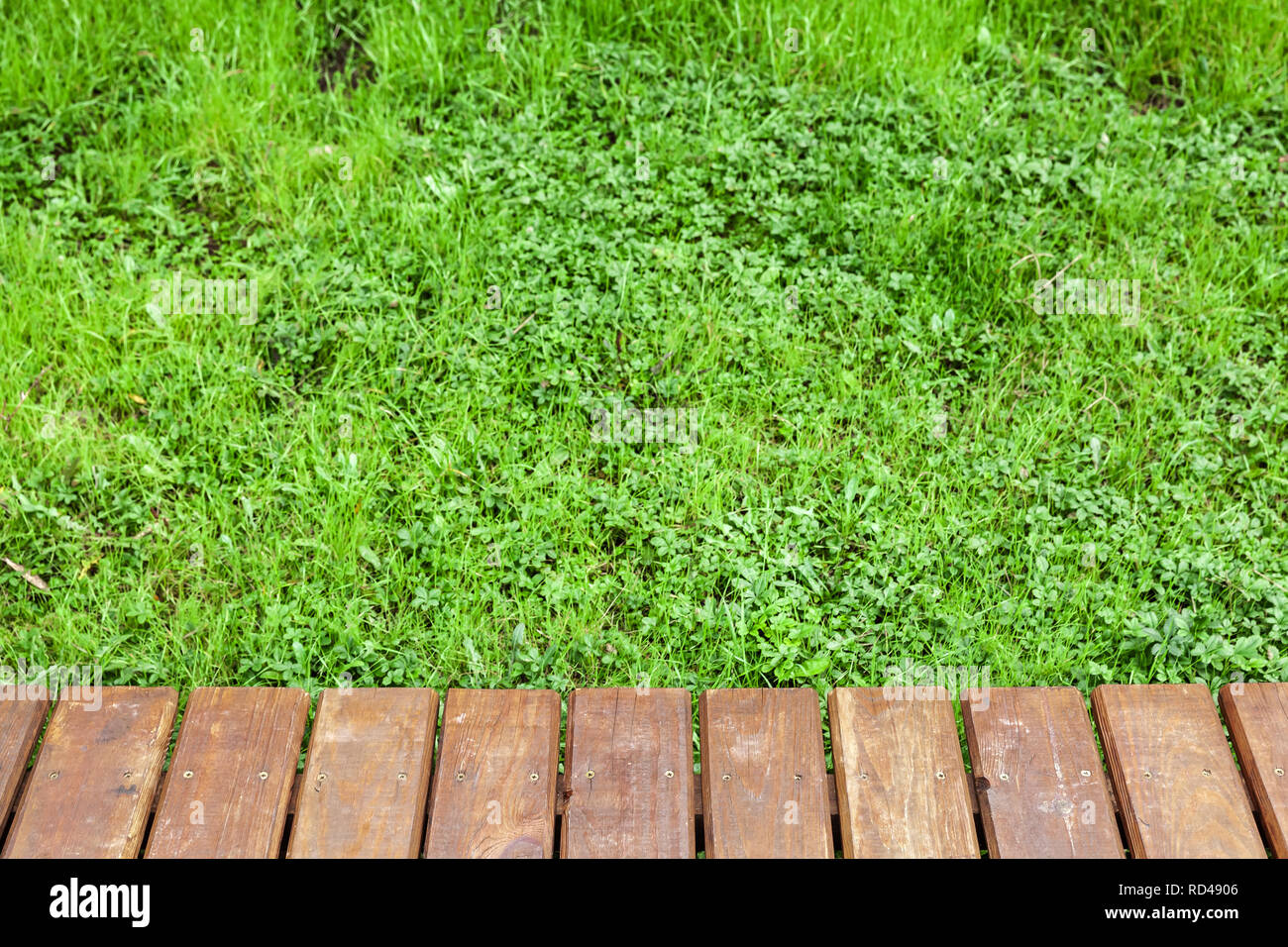 Wooden table over lawn with green grass, natural park background. Close ...