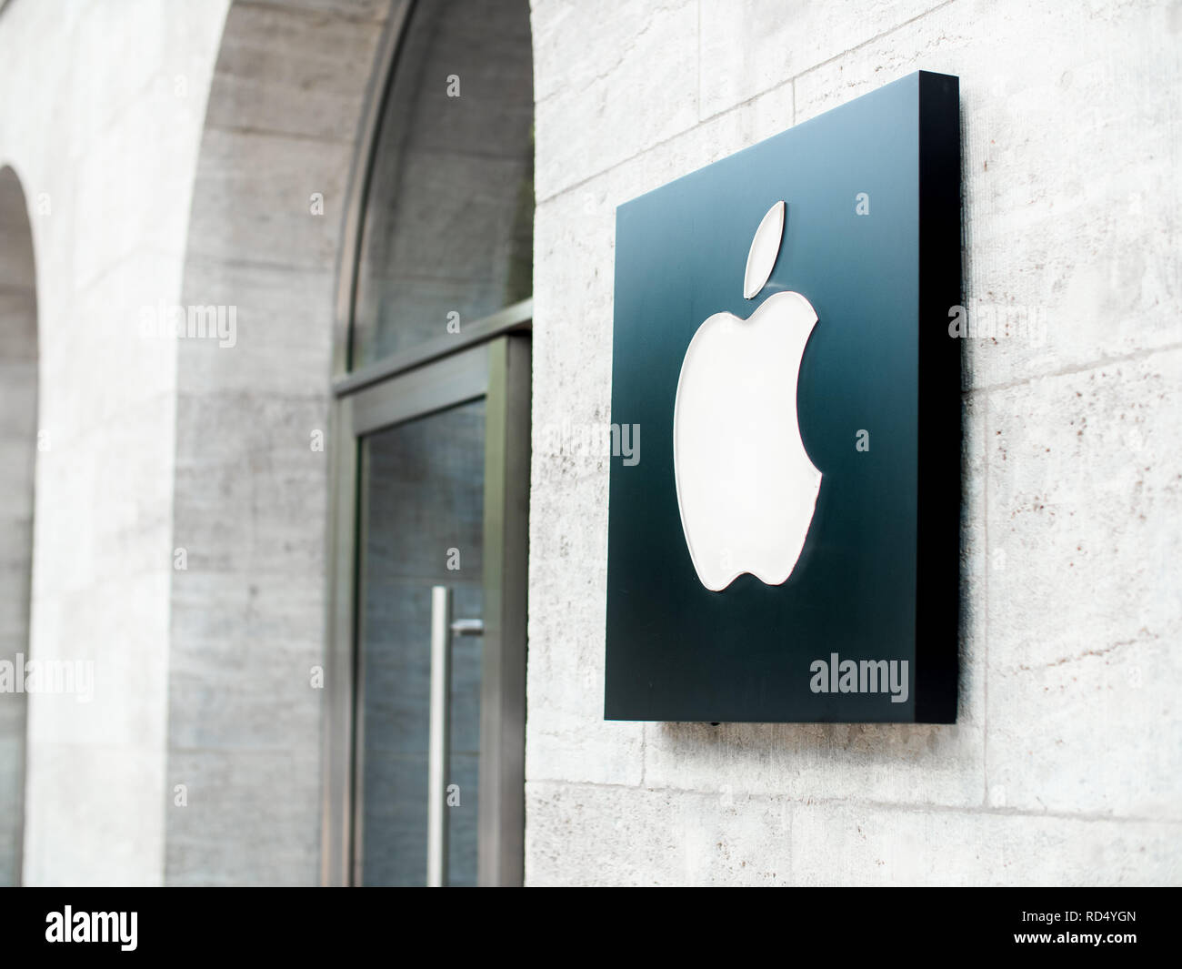 BERLIN, GERMANY - JULY 2018: The Apple logo on the front of a flagship ...