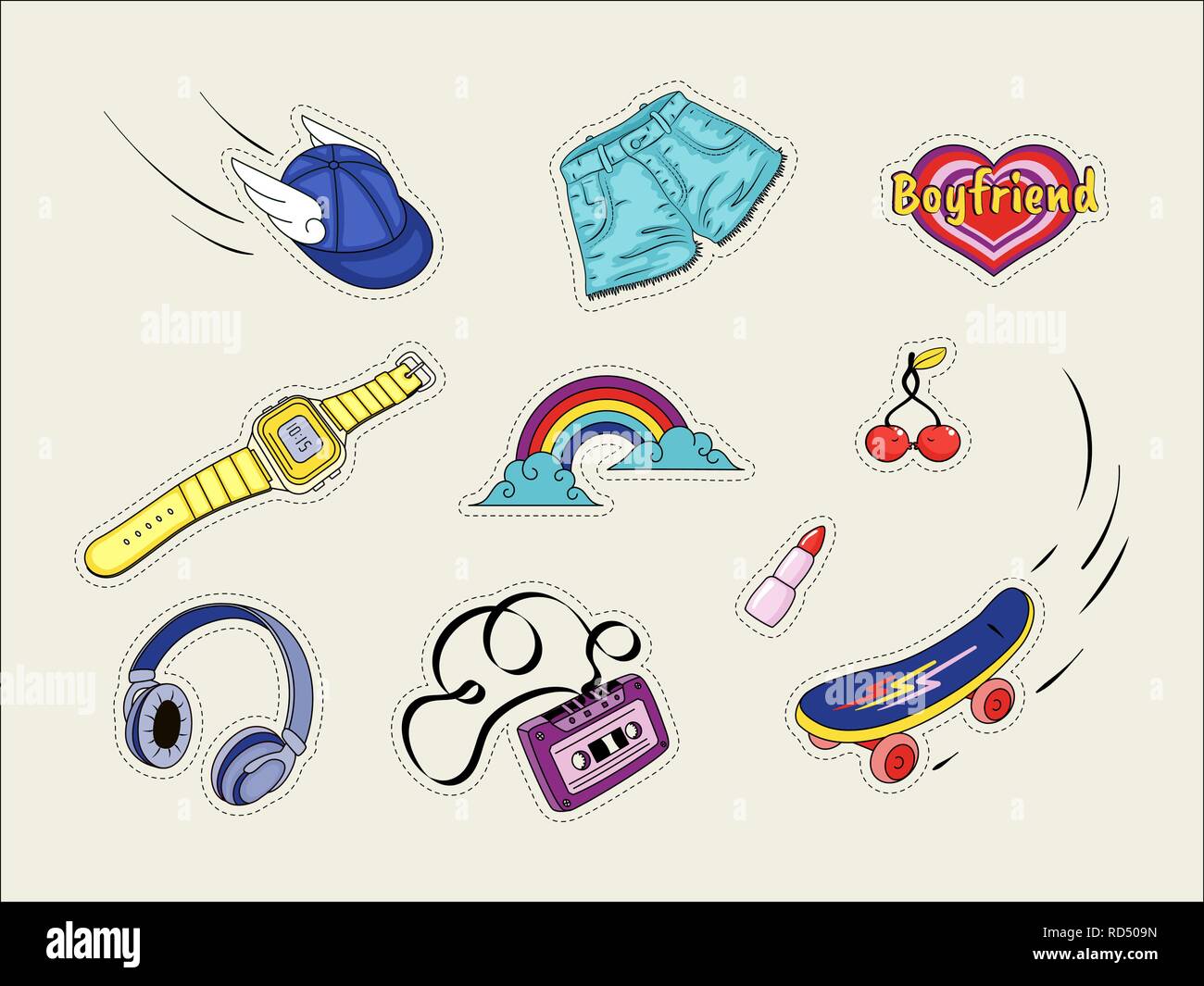 Set of patches with fashion badges retro style icons 80s, isolated on ...