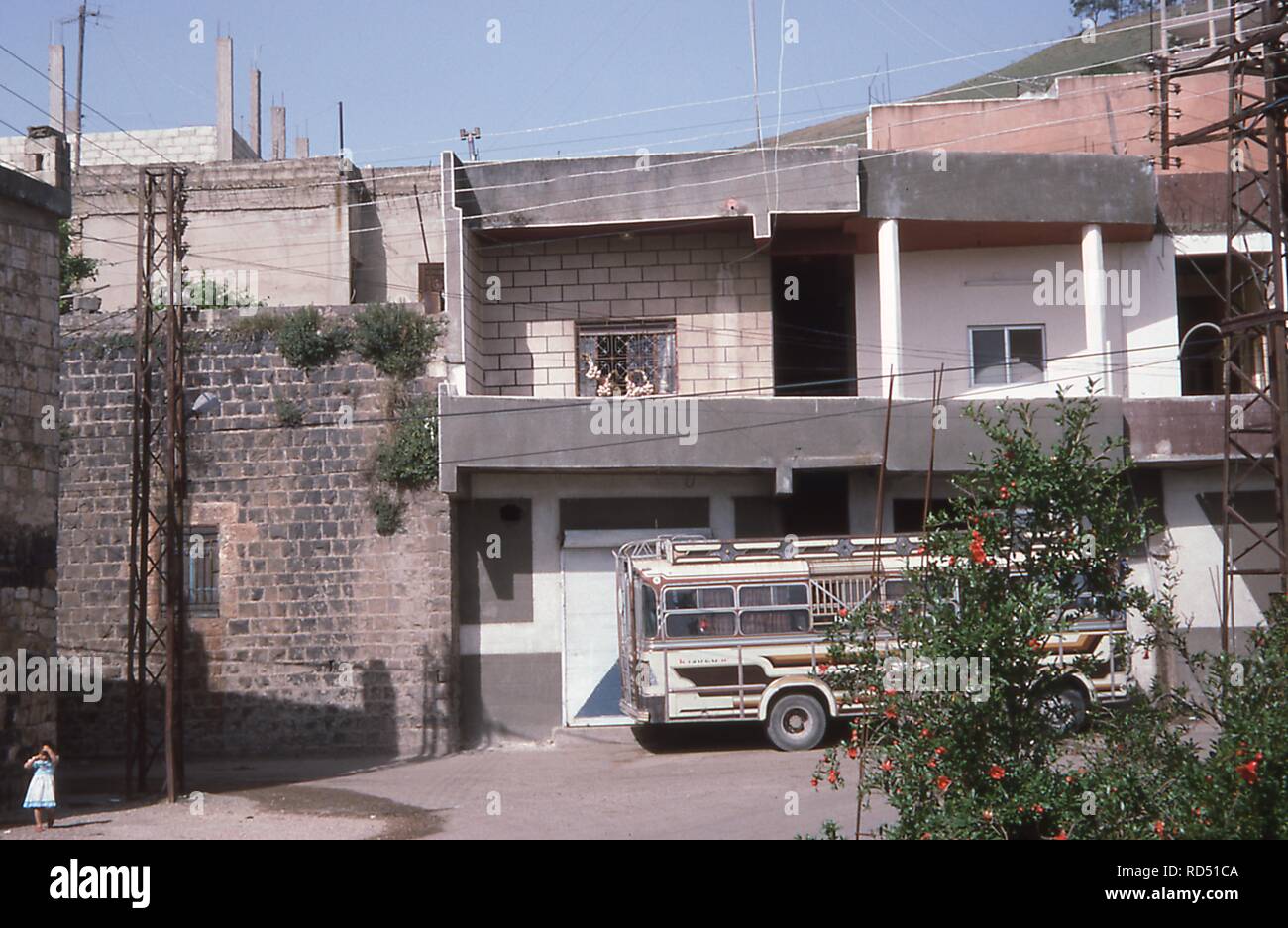 View of an apartment building on a side street in Damascus, Syria, with ...