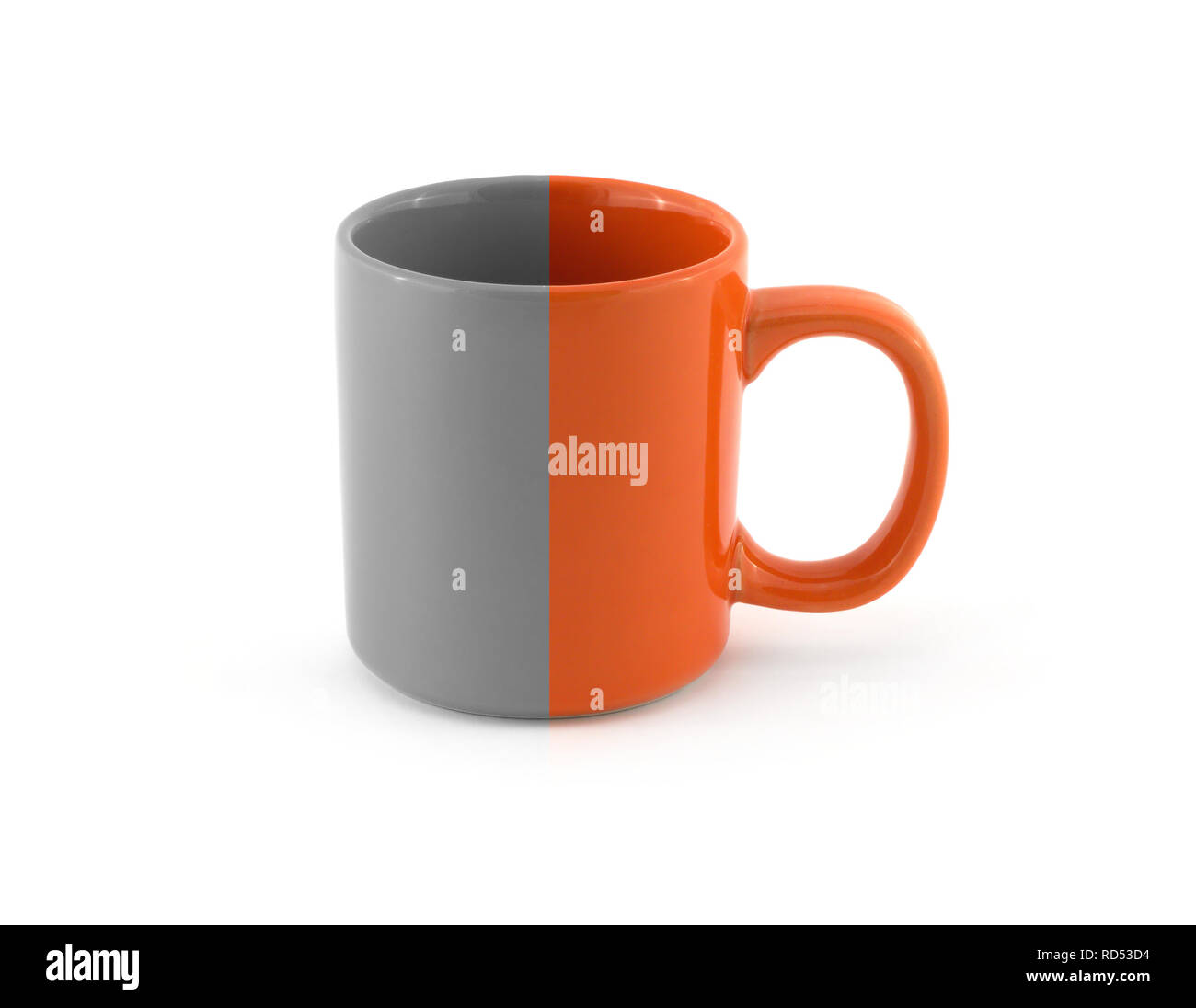 Empty gray and orange tea or coffee cup isolated on white close up ...
